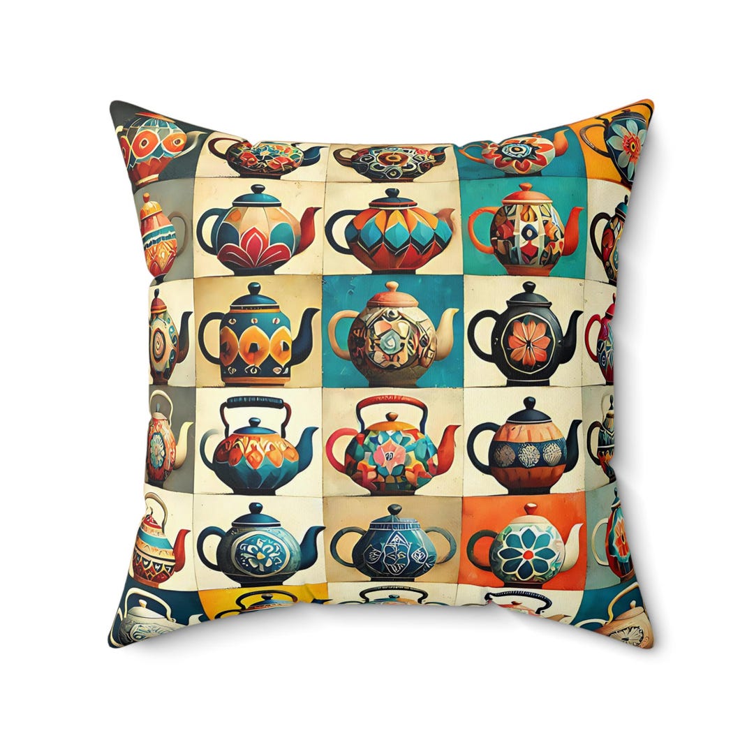 Teapots Pillow, Tea Time Boho Square Cushion, Eclectic Style Decorative ...