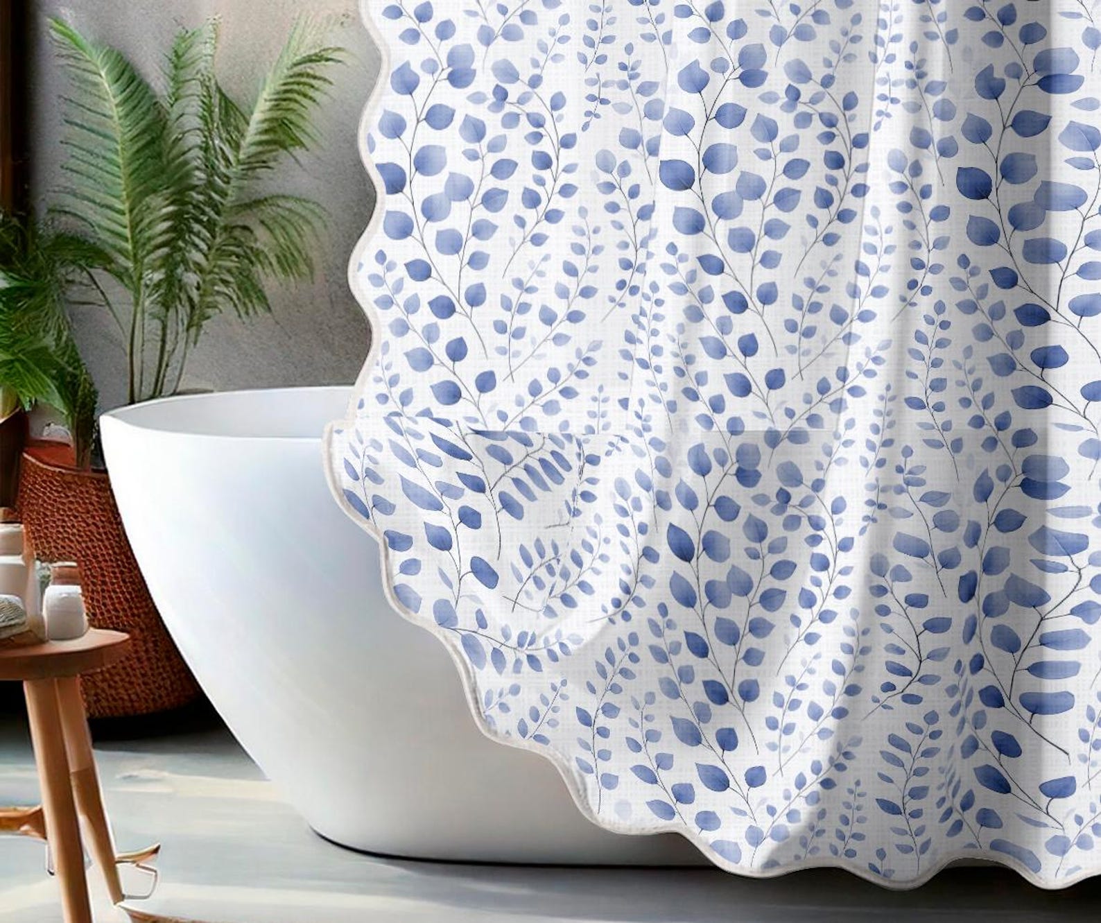 Blue Vine Scalloped Shower Curtain – Botanical Bathroom Décor With ...