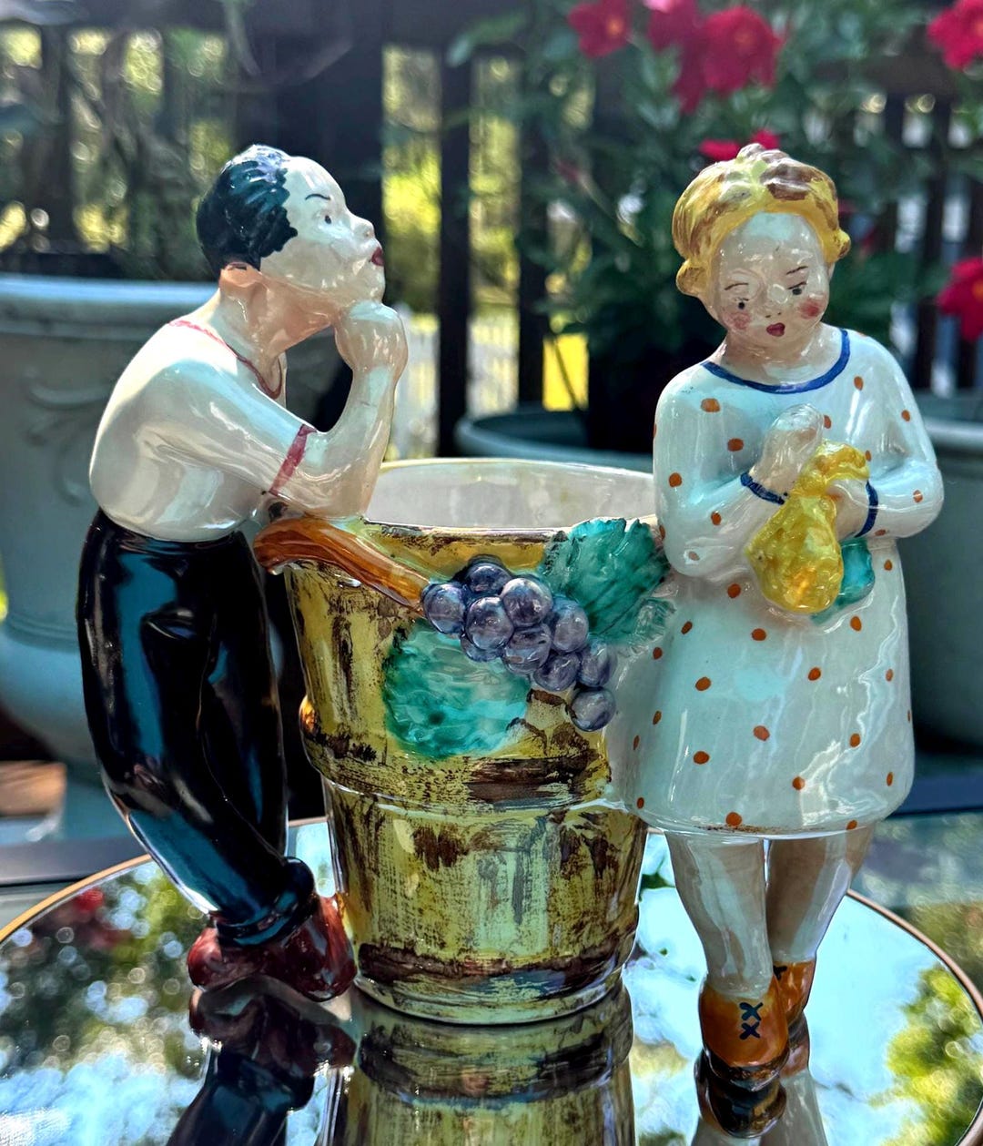Italian Majolica Figural Planter – Man & Woman With Barrel, Hand ...