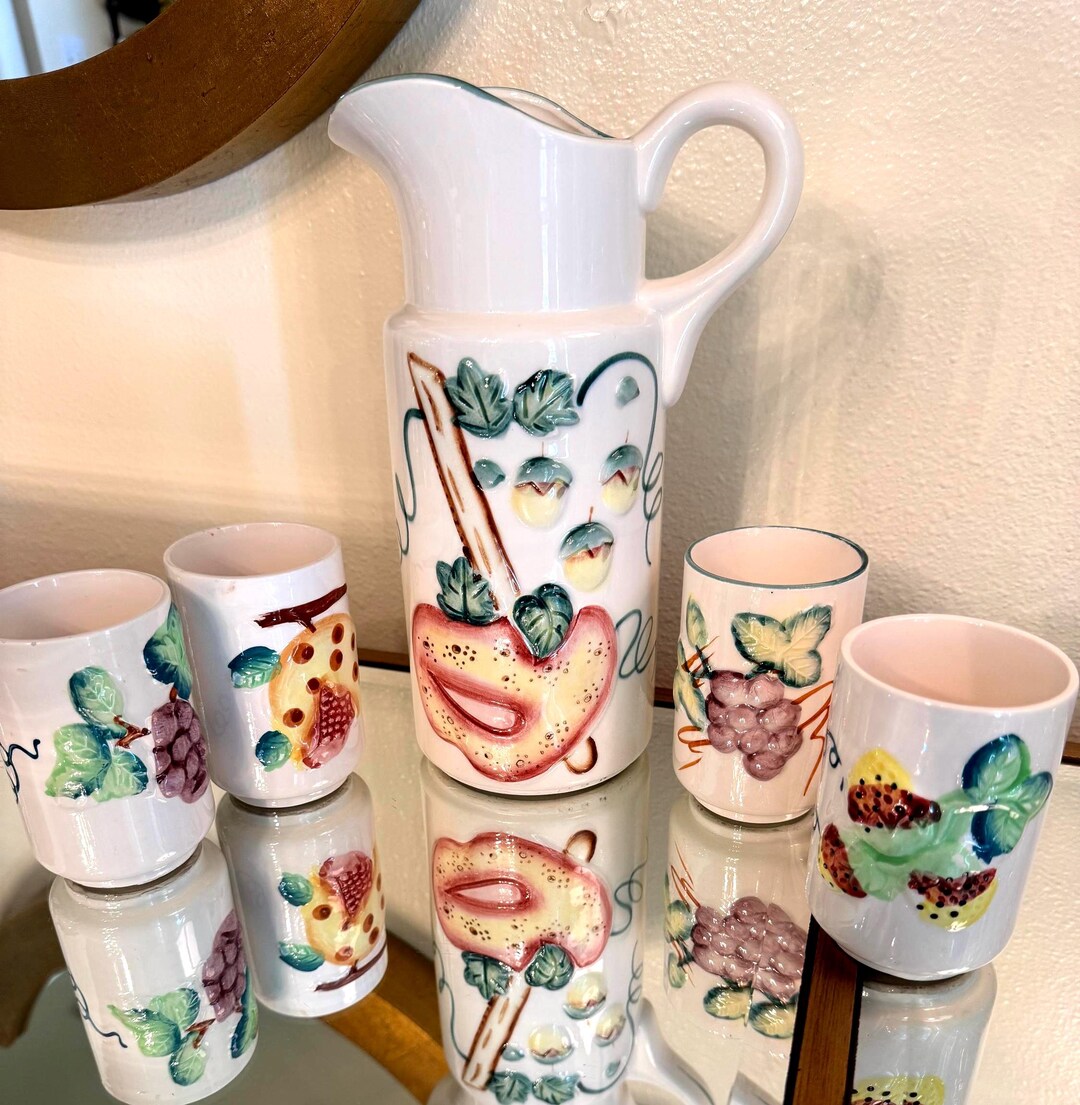 Vintage Mid-century Ceramic Juice Pitcher With Four Matching Cups. - Etsy