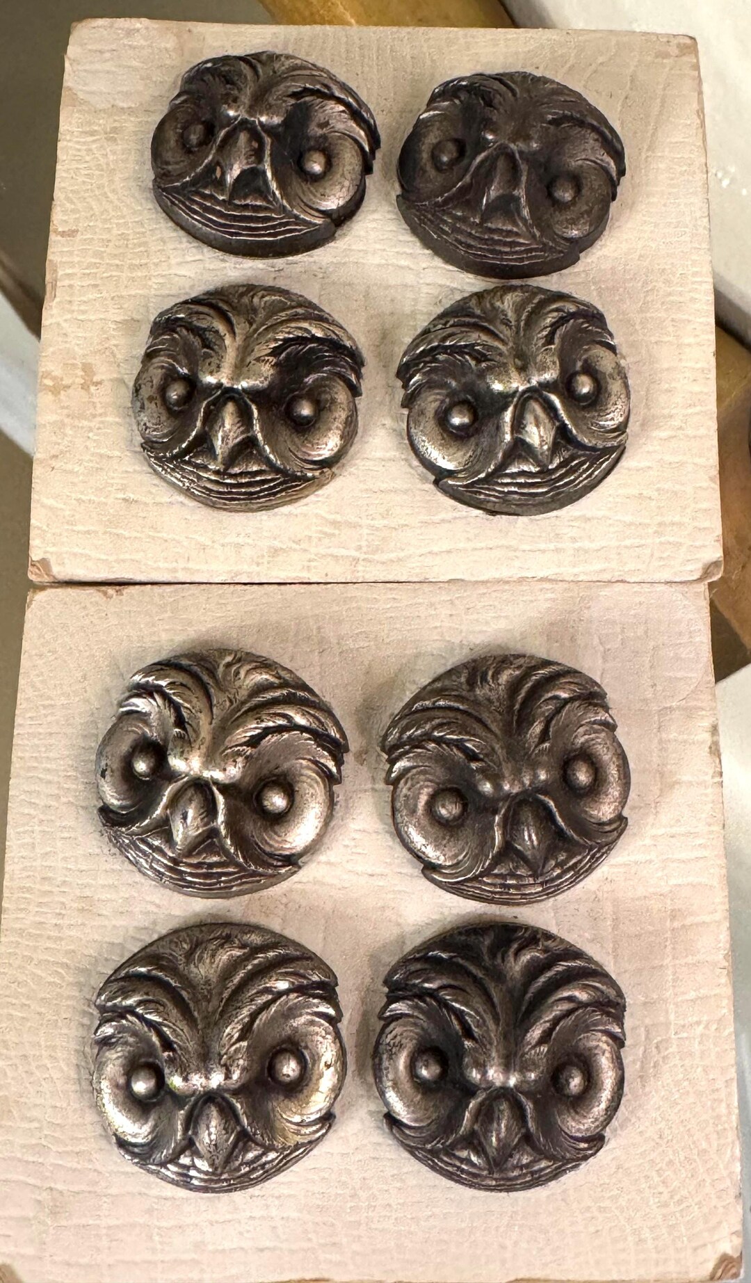 Rare Antique French Owl Face Cape Fasteners – Set of 23 Silvered Brass ...