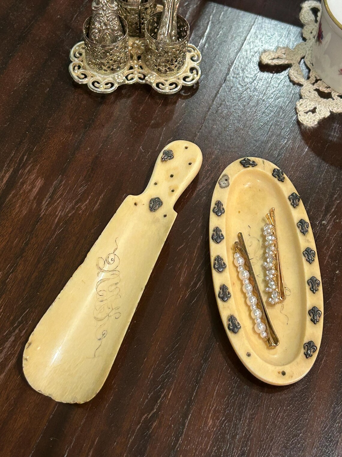 Victorian Bone Vanity Set: Antique Monogrammed Shoe Horn & Pin Tray - Etsy