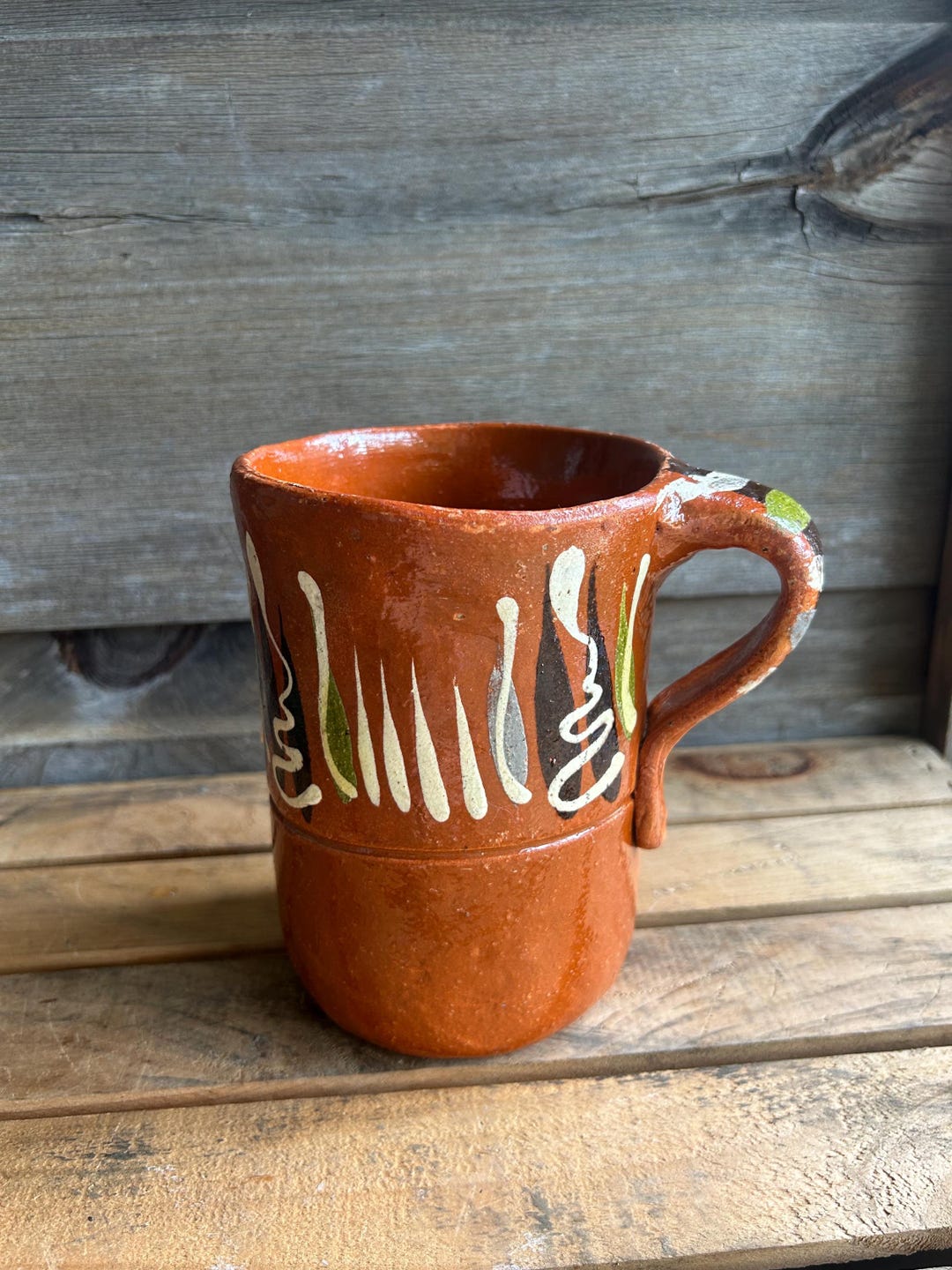 Vintage Mexican Red Clay Slipware Mug – Hand Painted Folk Pottery Cup ...