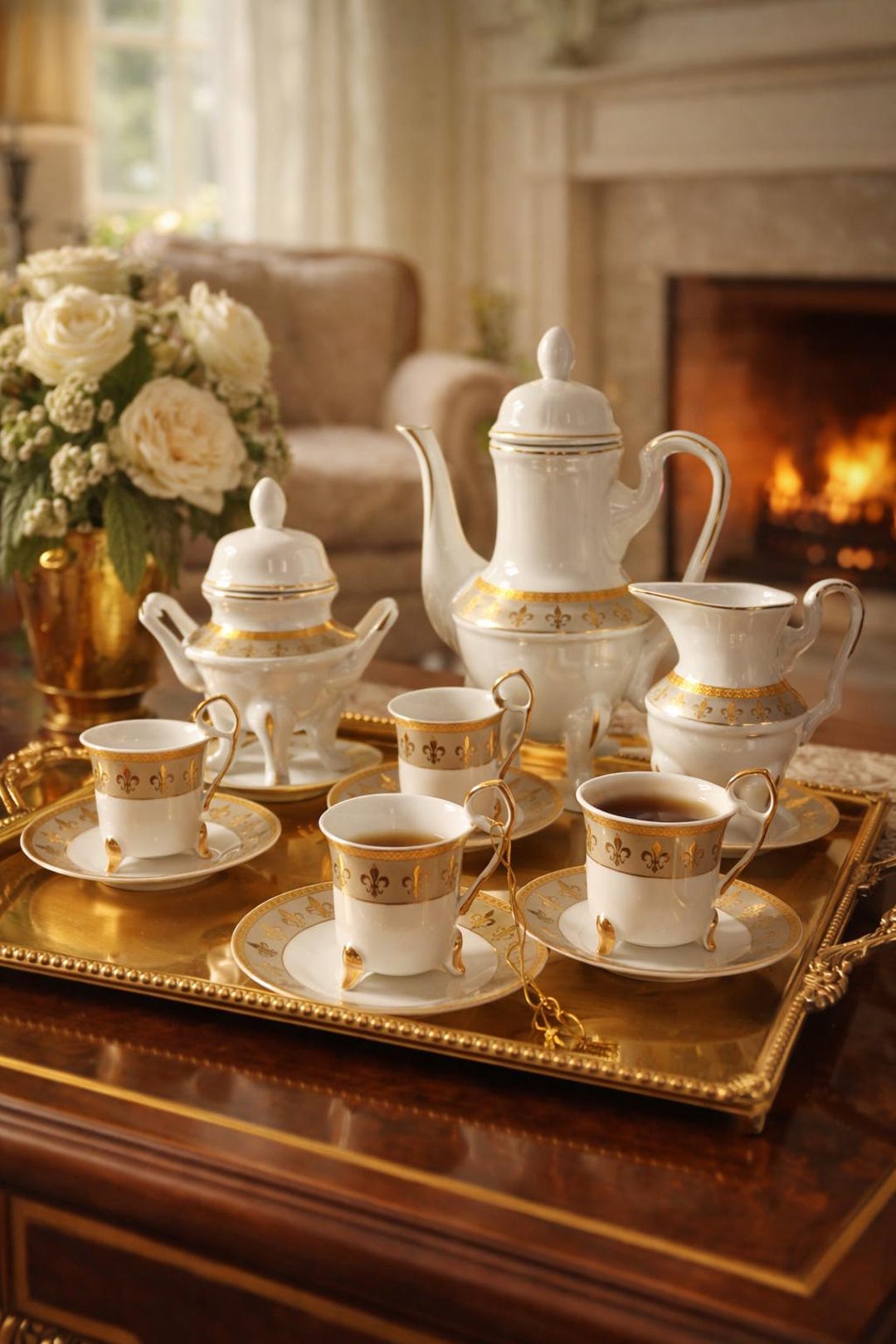 Elegant Italian Design Porcelain Tea Set-gold Fleur-de-lis, Handmade ...