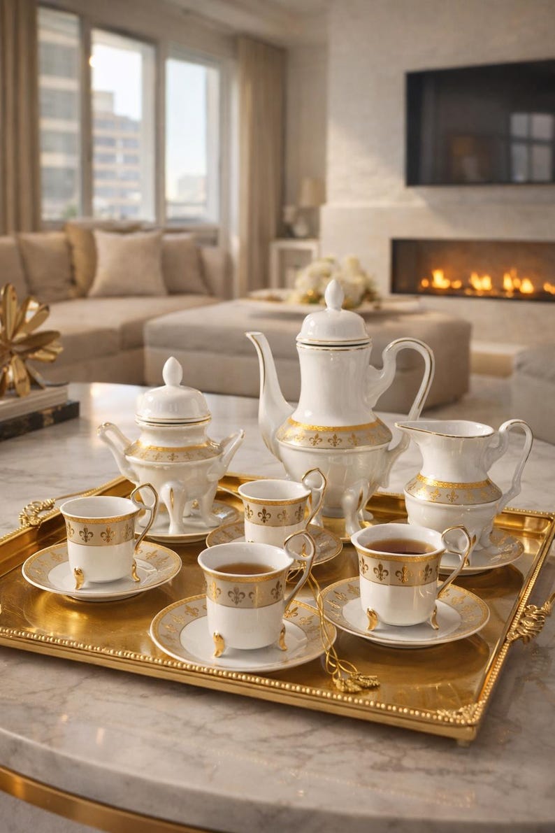 Elegant Italian Design Porcelain Tea Set-gold Fleur-de-lis, Handmade ...