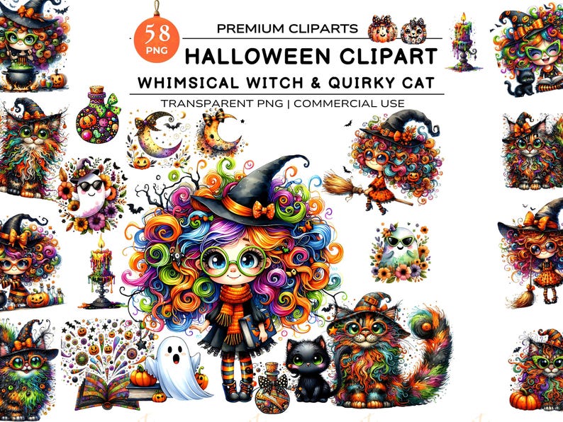 Whimsical Witch and Quirky Cat Cliaprt Bundle, Funny Halloween Cat ...