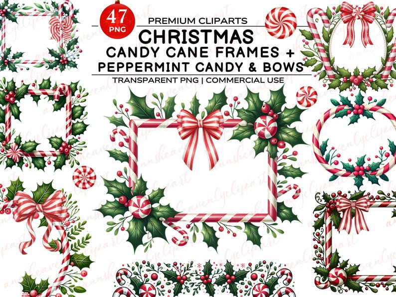 Christmas Clipart Frames – Candy Cane Frame PNG Bundle — Peppermint ...