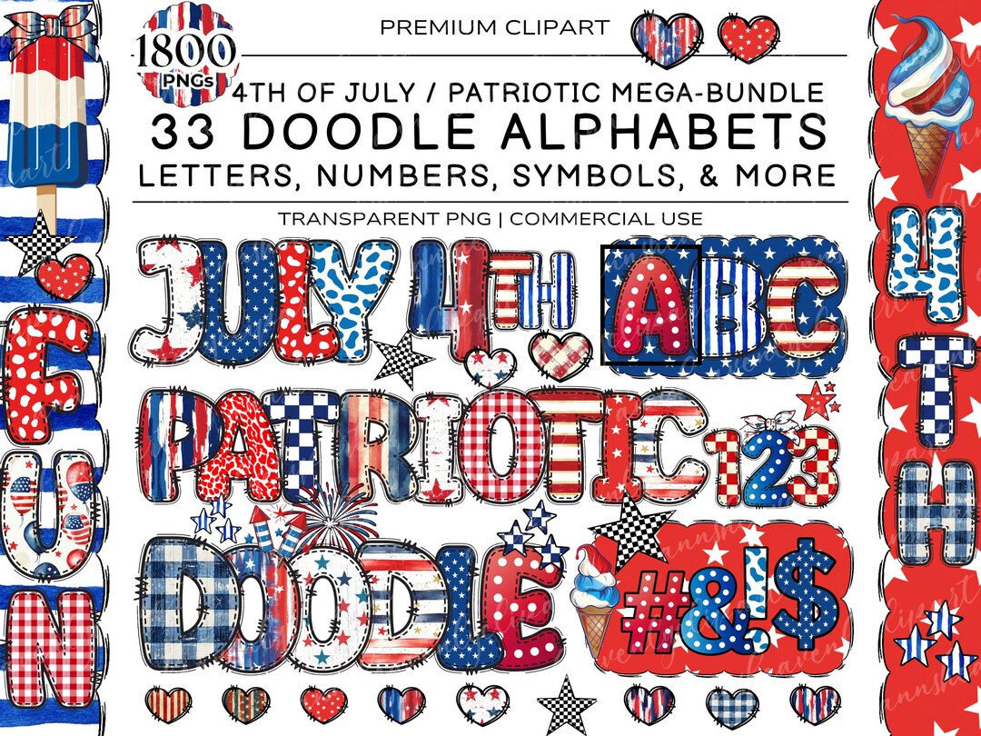 Fourth of July Doodle Alphabet, 4th July Doodle Letters PNG, Red White ...