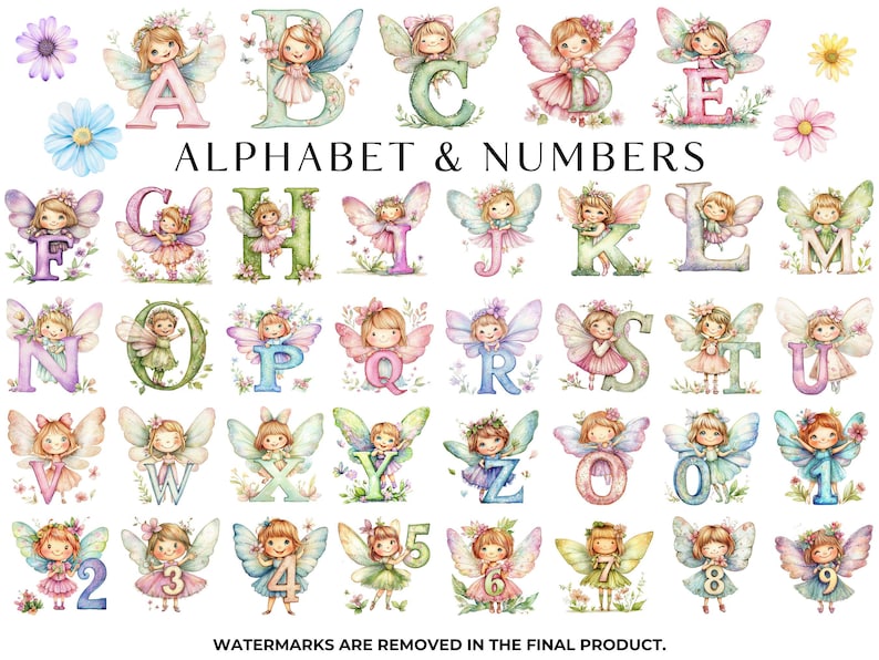 Watercolor Birthday Fairie Clipart, Fairie Alphabet & Fairy Numbers PNG ...