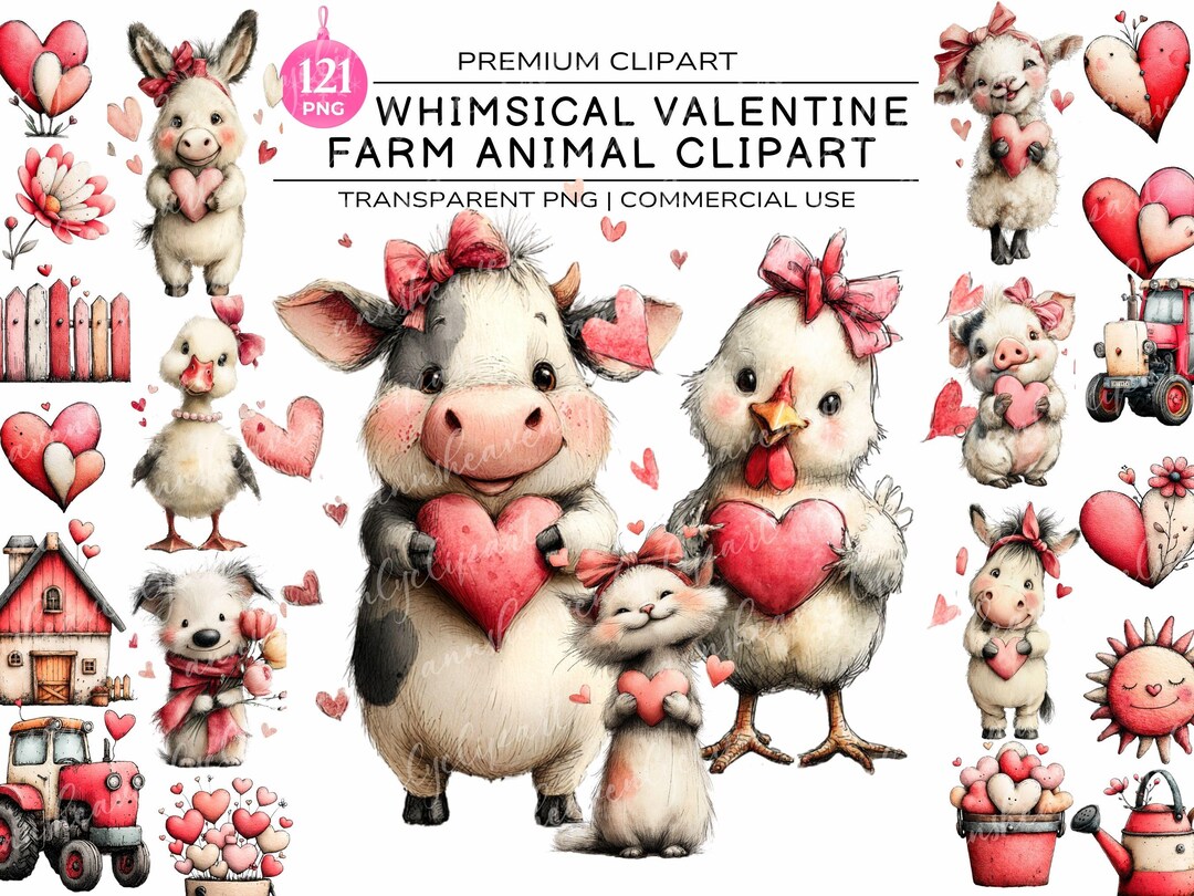 Whimsical Valentine Farm Animal Clipart — Chicken & Valentine Cow PNG ...