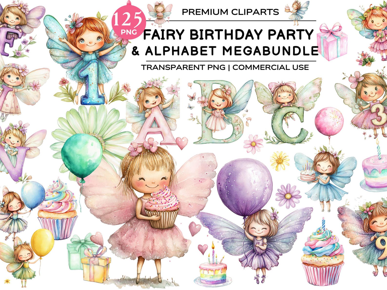 Watercolor Birthday Fairie Clipart, Fairie Alphabet & Fairy Numbers PNG ...