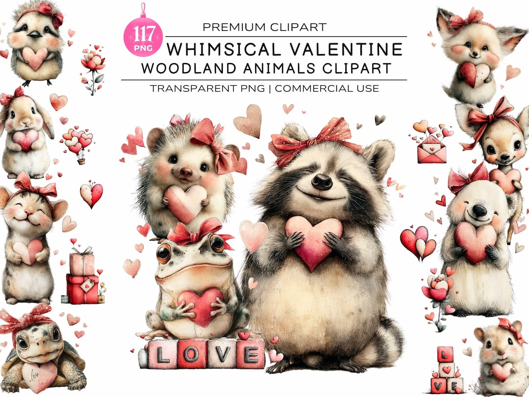 Whimsical Valentine Woodland Animals Clipart — Cute Valentines PNG ...