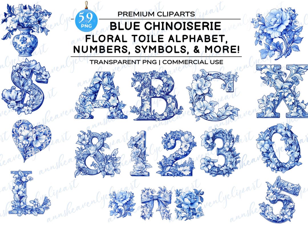 Chinoiserie Alphabet, Blue Floral Toile Letters, Feminine Numbers ...