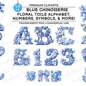 Chinoiserie Alphabet, Blue Floral Toile Letters, Feminine Numbers ...