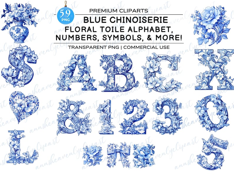 Chinoiserie Alphabet, Blue Floral Toile Letters, Feminine Numbers ...