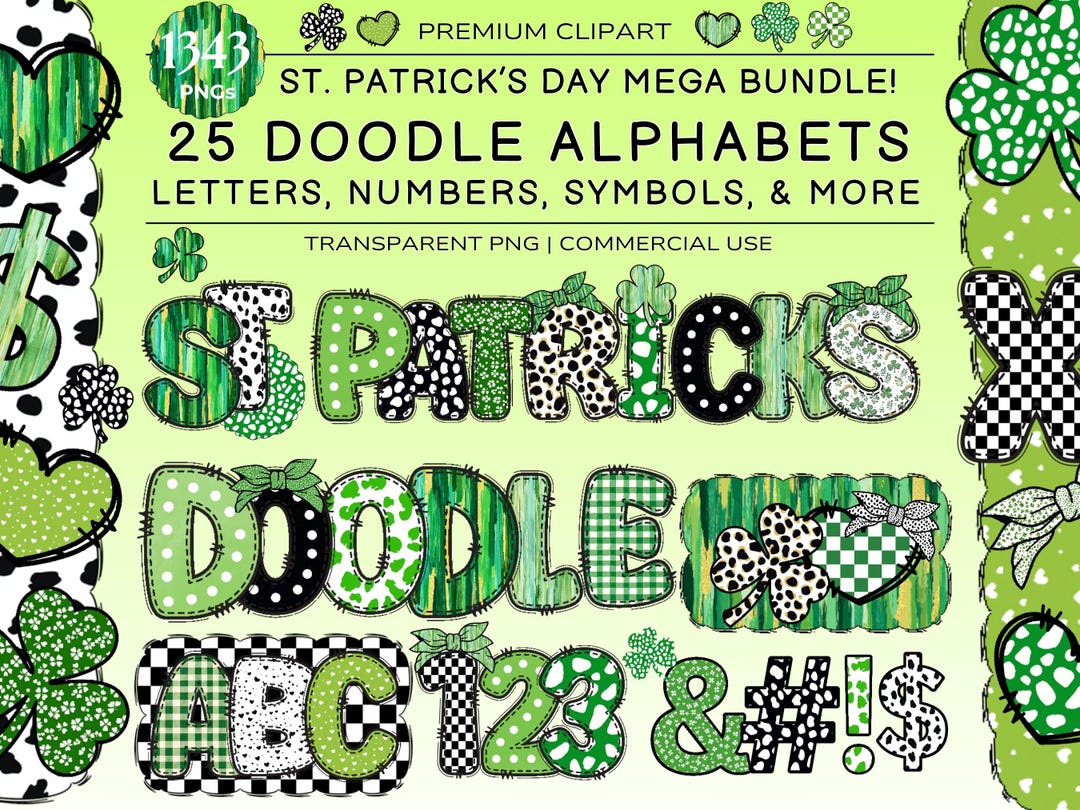 St Patricks Day Alphabet PNG Bundle, Dalmatian Dot, Brushstroke Letters ...