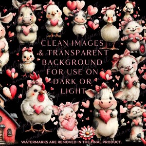 Whimsical Valentine Farm Animal Clipart — Chicken & Valentine Cow PNG ...
