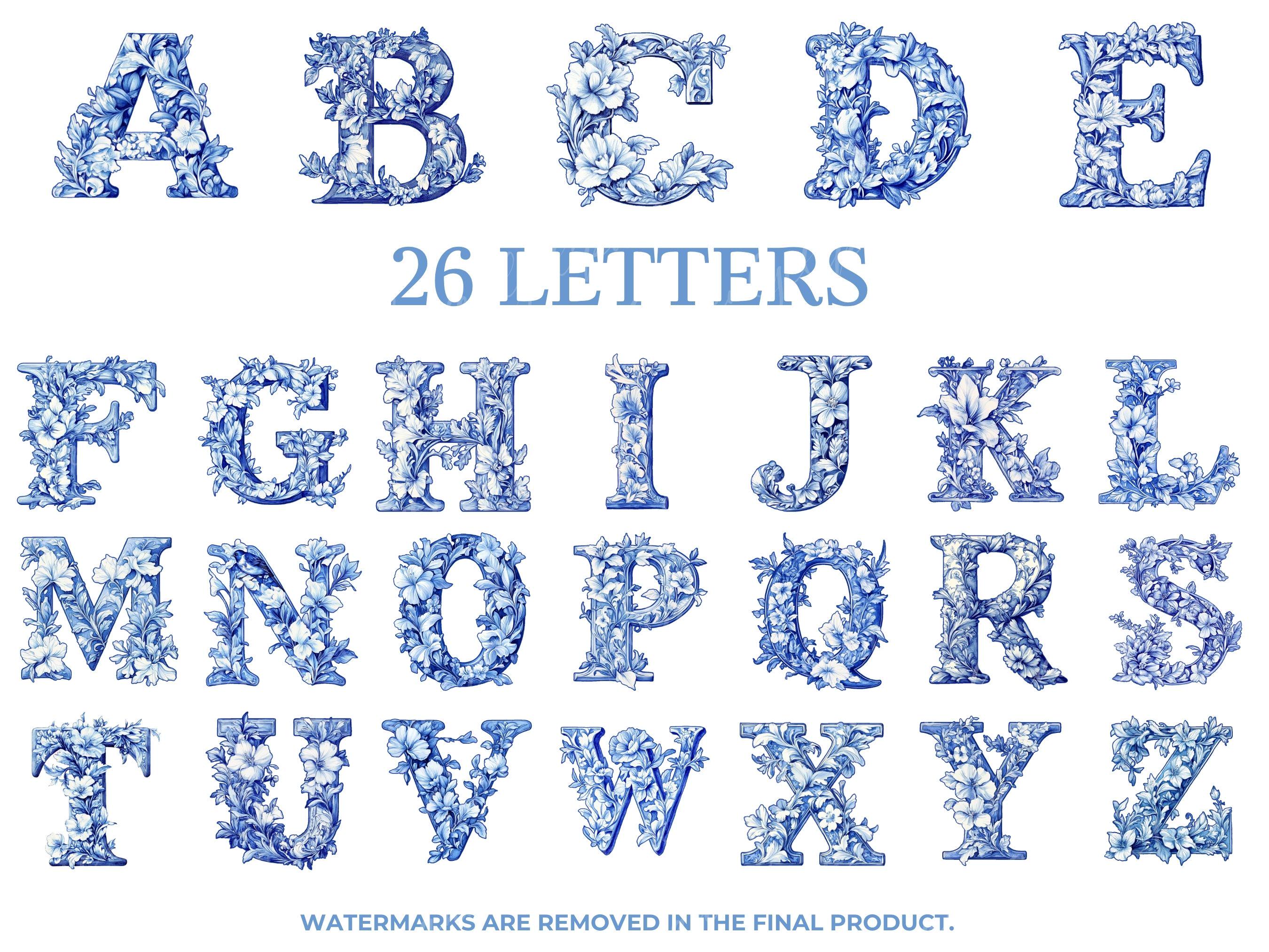 Chinoiserie Alphabet, Blue Floral Toile Letters, Feminine Numbers ...