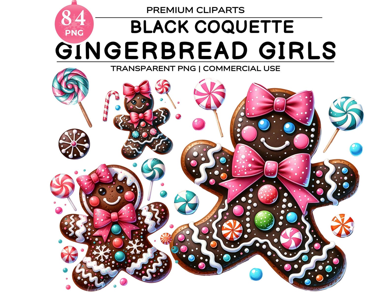 Black Christmas PNG, Black Gingerbread Girls, Pink Bow Coquette ...