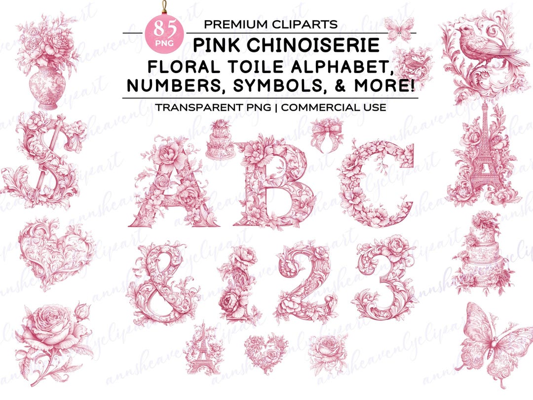 Chinoiserie Alphabet, Pink Floral Toile Letters, Feminine Numbers ...