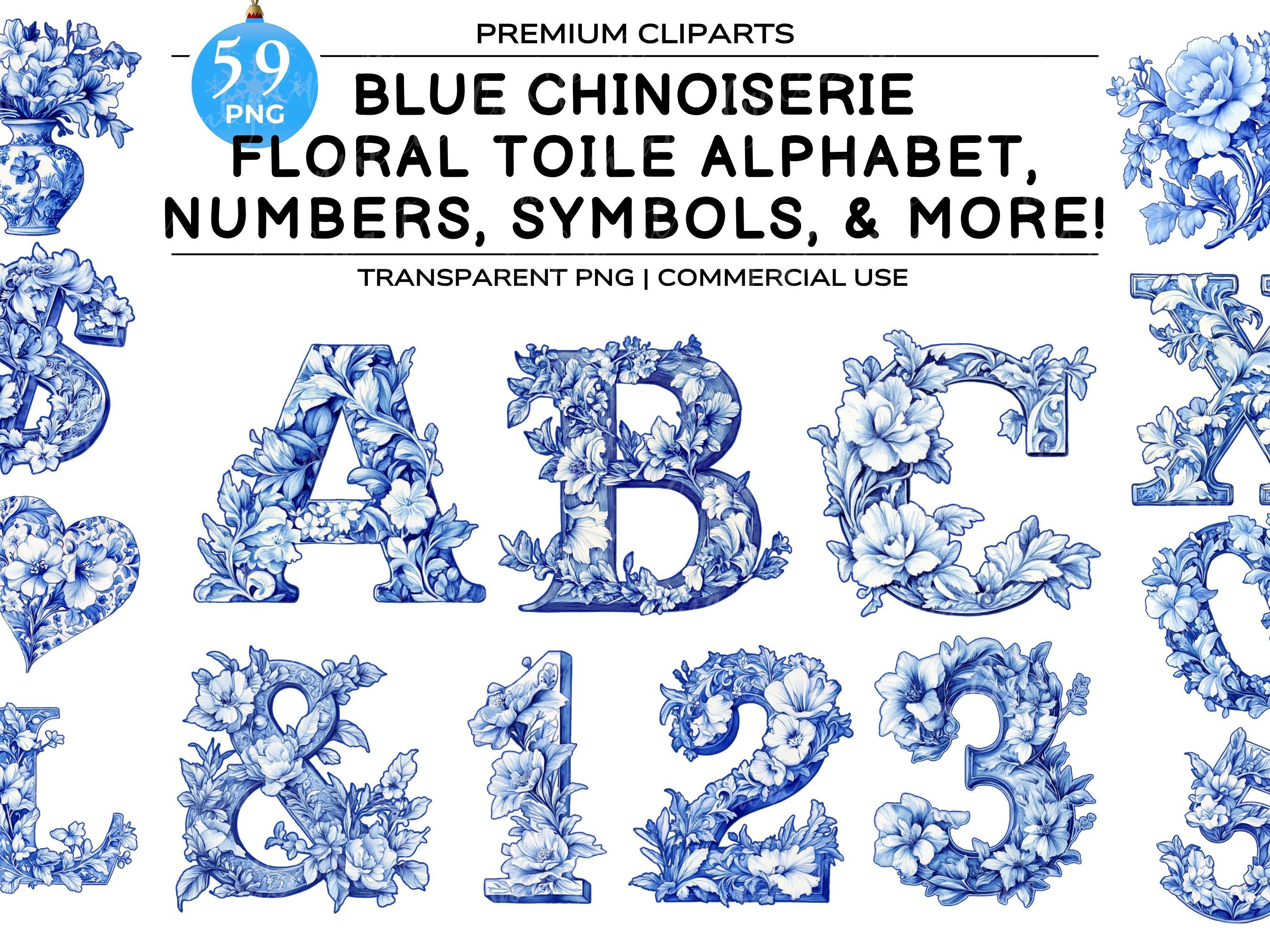 Chinoiserie Alphabet, Blue Floral Toile Letters, Feminine Numbers ...