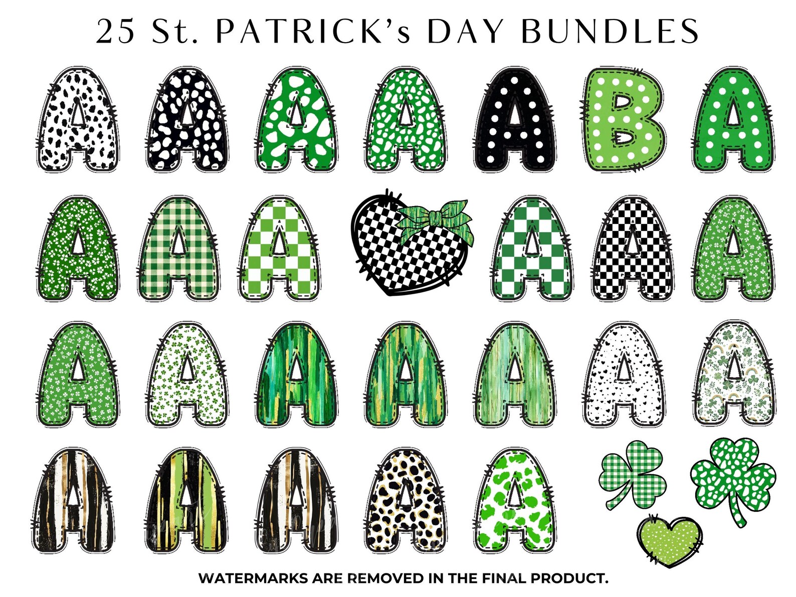 St Patricks Day Alphabet PNG Bundle, Dalmatian Dot, Brushstroke Letters ...
