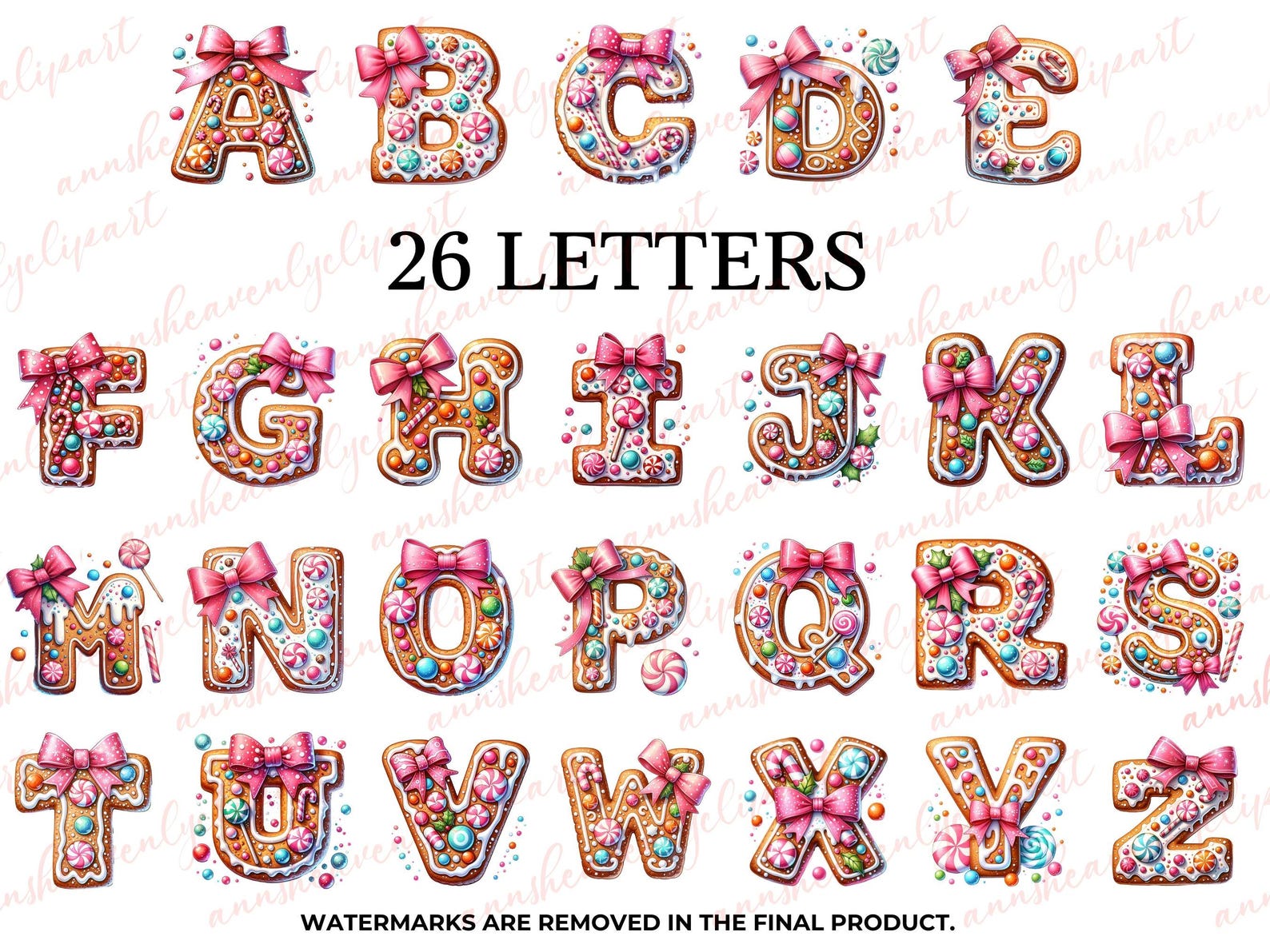 Gingerbread Alphabet, Pink Bow Alphabet, Gingerbread PNG Pink ...