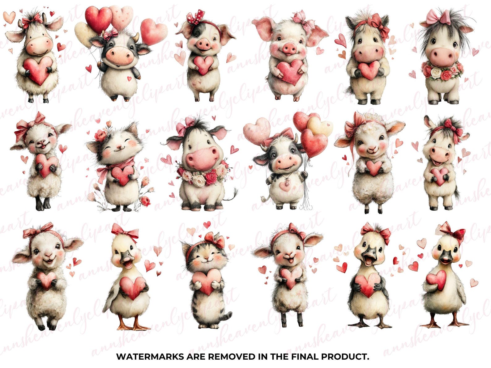 Whimsical Valentine Farm Animal Clipart — Chicken & Valentine Cow PNG ...