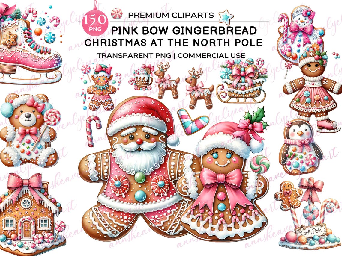 North Pole Christmas Clipart, Gingerbread Clipart Bundle, Pink Bow ...