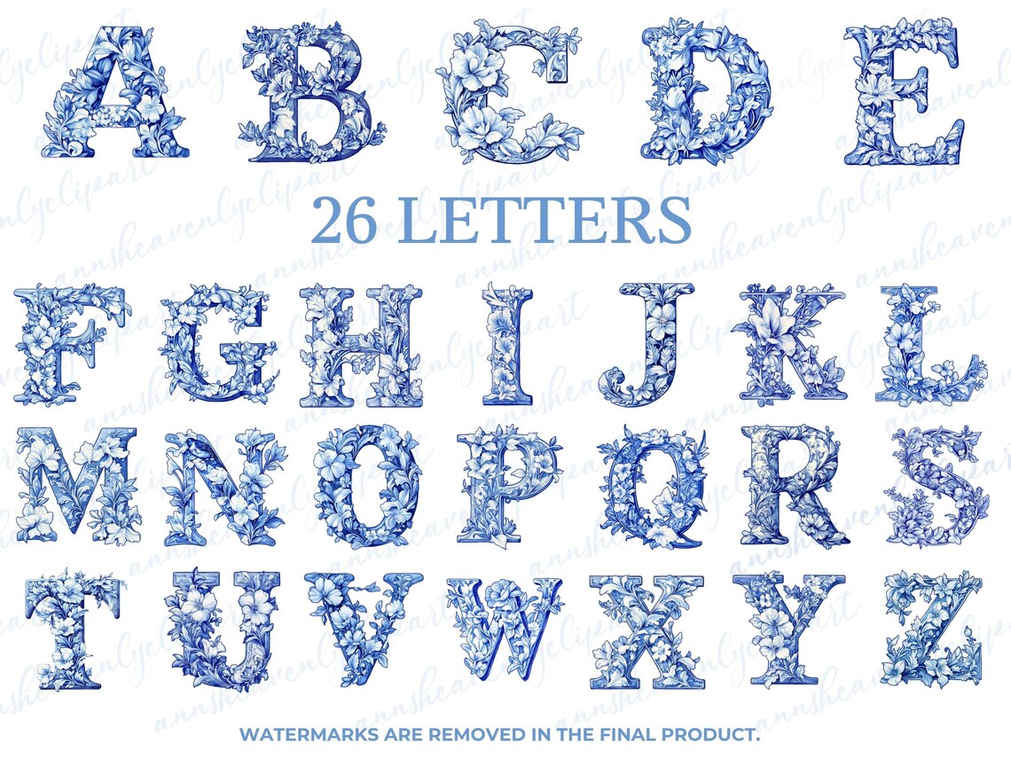 Chinoiserie Alphabet, Blue Floral Toile Letters, Feminine Numbers ...