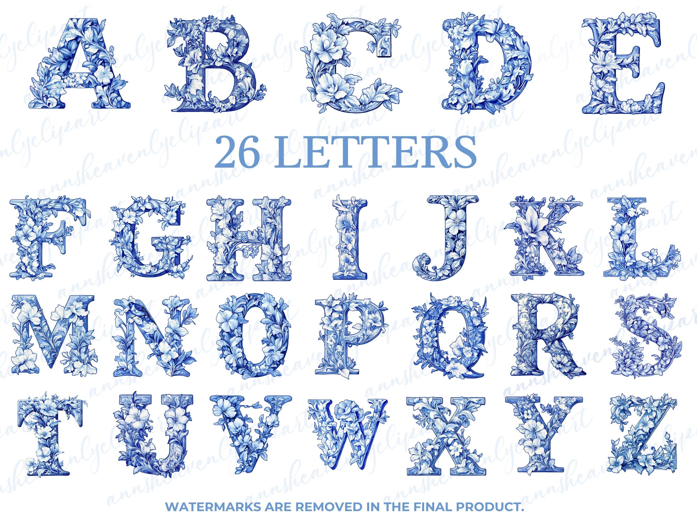 Chinoiserie Alphabet, Blue Floral Toile Letters, Feminine Numbers ...