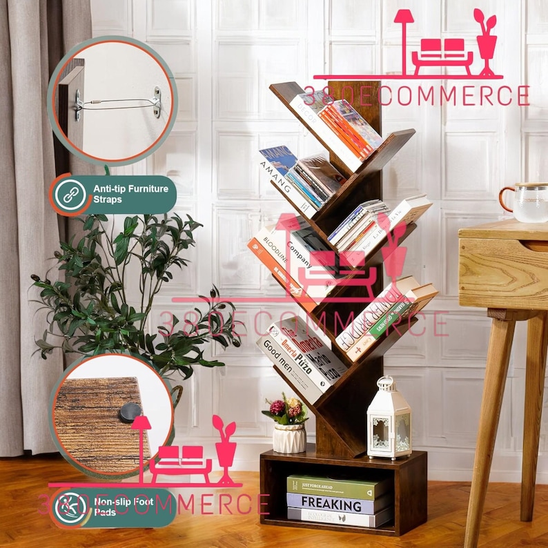 Tree Bookshelf 6 Shelf Retro Floor Standing Bookcase, Tall Wood Book ...