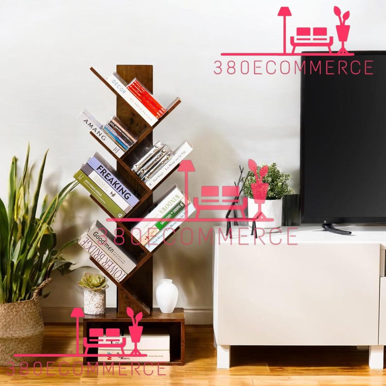 Tree Bookshelf 6 Shelf Retro Floor Standing Bookcase, Tall Wood Book ...