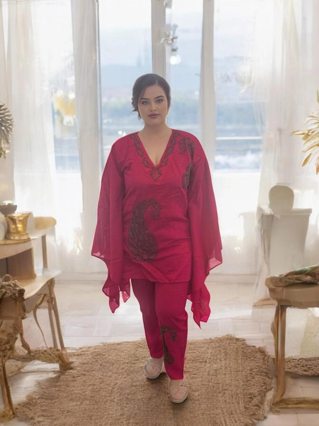 Pink Embroidered Kaftan Set With Ambi Design - V-neck, Arm Cutouts ...