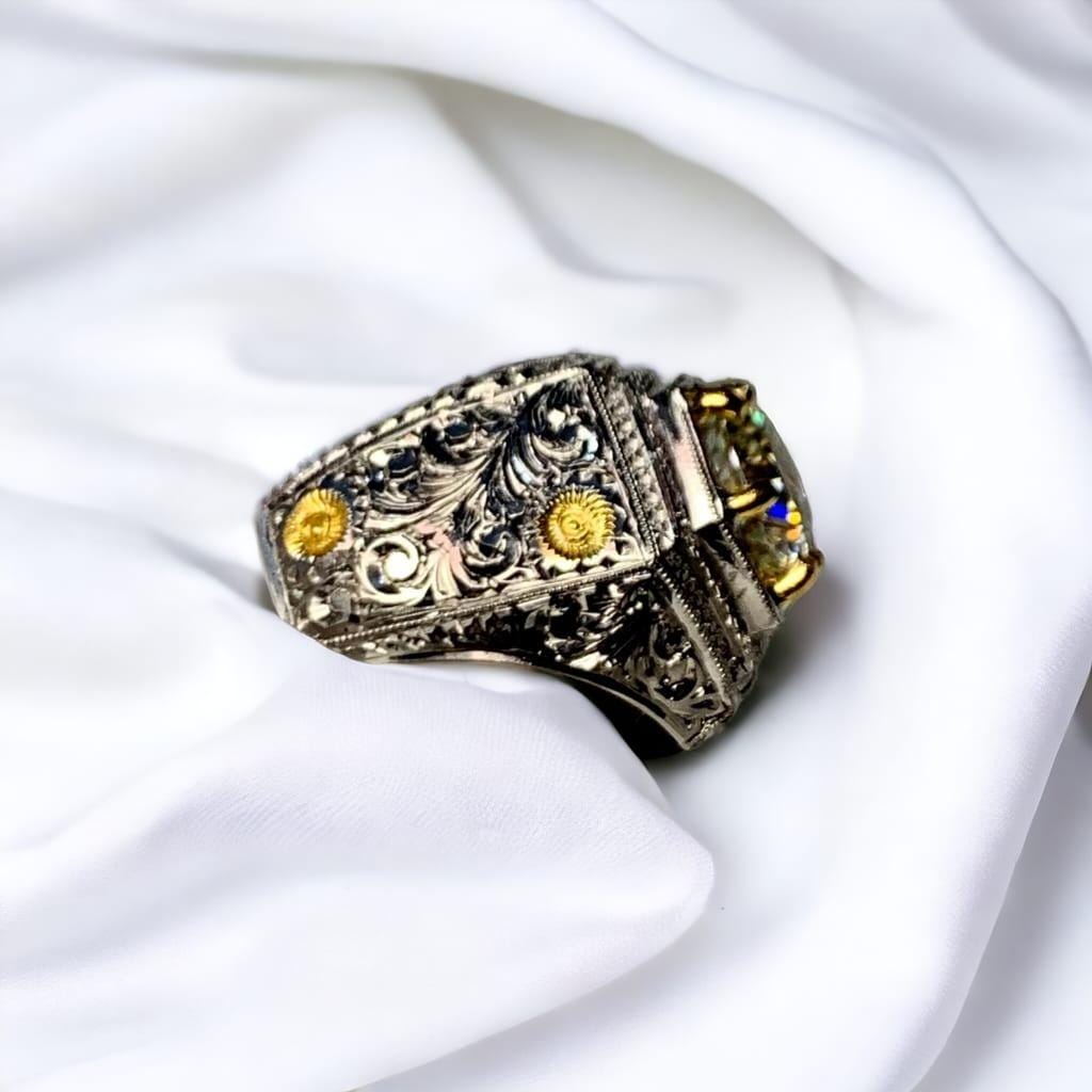 Moissanite Diamond Mens Ring Silver 925 Handmade Ring Golden Flower ...