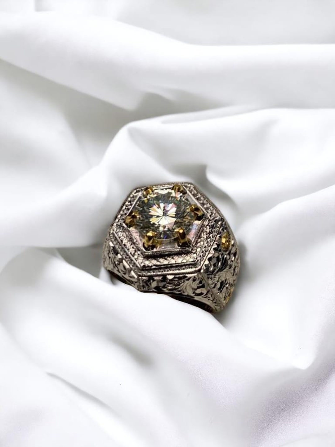 Moissanite Diamond Mens Ring Silver 925 Handmade Ring Golden Flower ...
