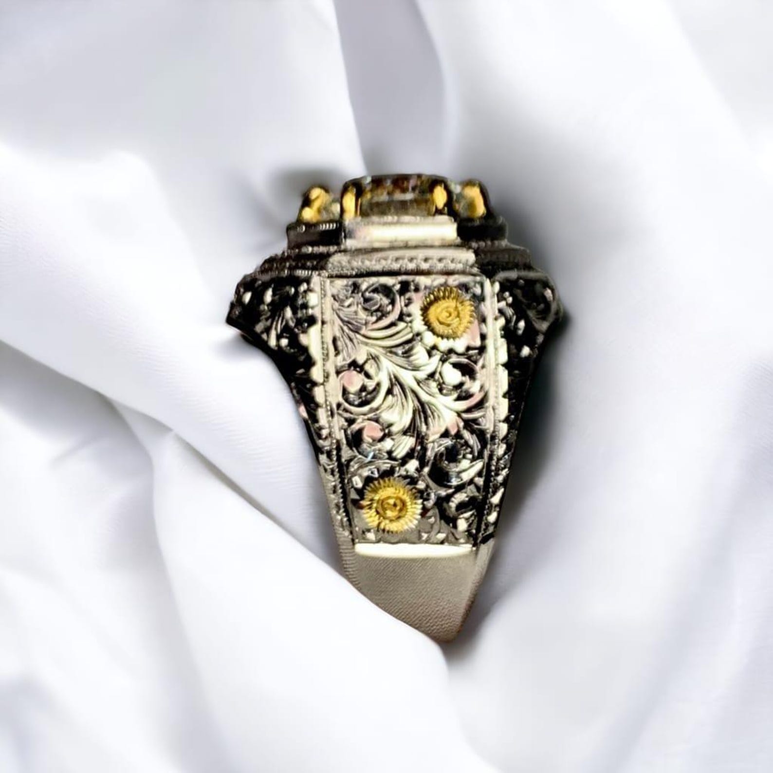 Moissanite Diamond Mens Ring Silver 925 Handmade Ring Golden Flower ...