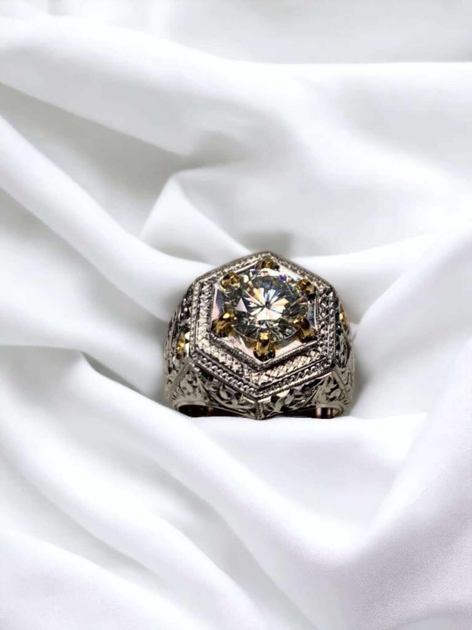 Moissanite Diamond Mens Ring Silver 925 Handmade Ring Golden Flower ...