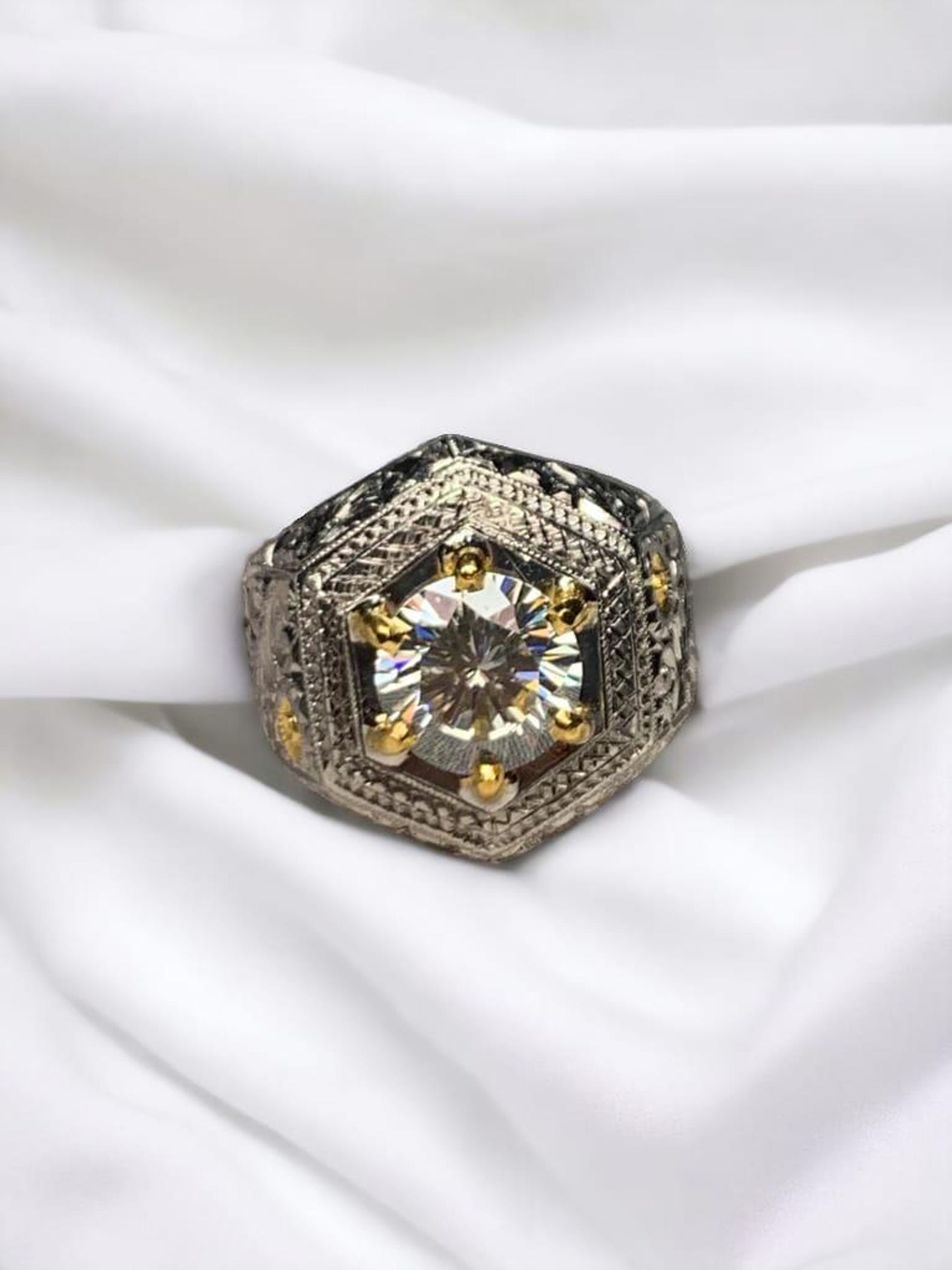 Moissanite Diamond Mens Ring Silver 925 Handmade Ring Golden Flower ...