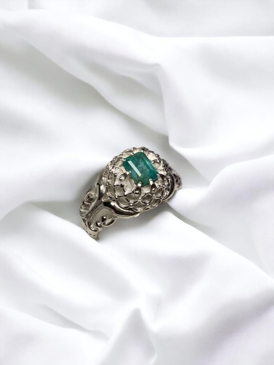 Natural Emerald Ring Sterling Silver 925 Handmade Engraved Ring Mens ...
