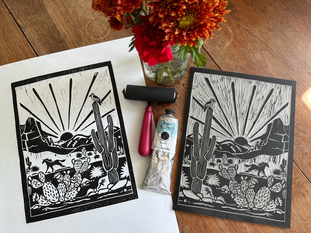 Desert Scene - Linocut Print - Etsy