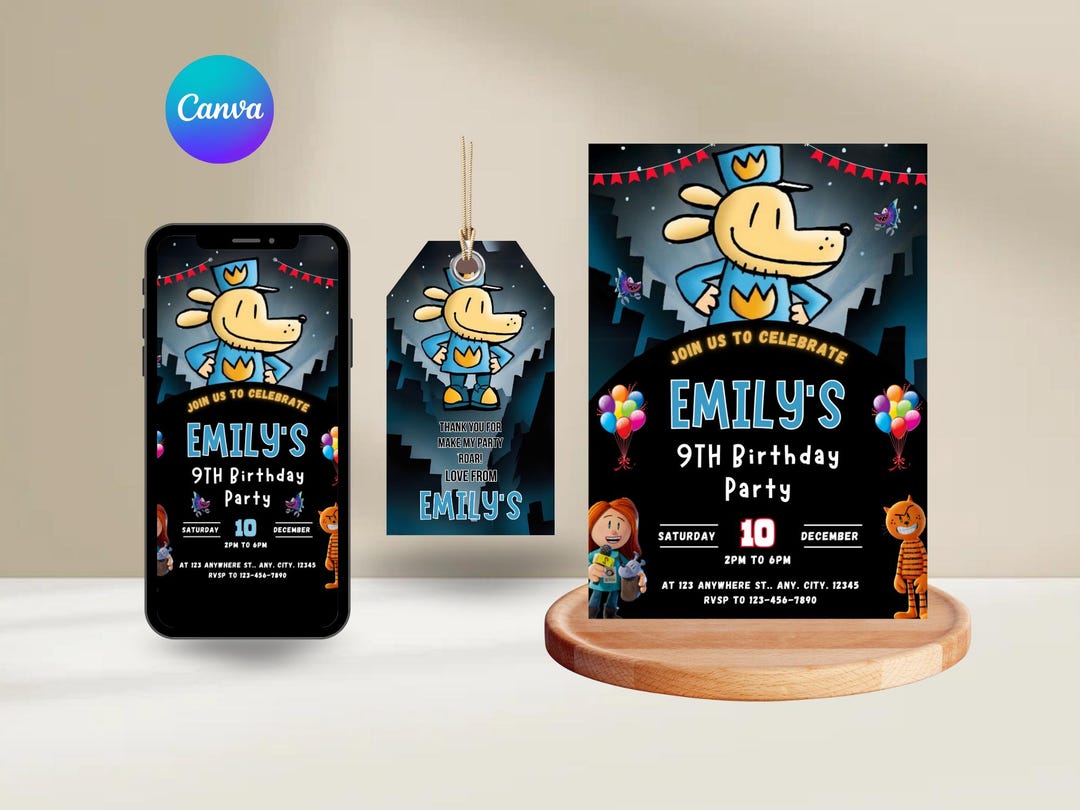 Dogman Birthday Party Invitation Template: Editable Printable (digital ...