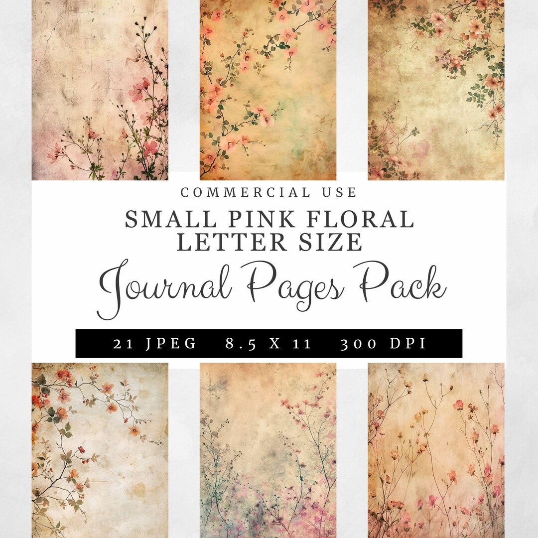 Small Pink Floral Journal Pages, 21 Letter Size Watercolor Backgrounds ...
