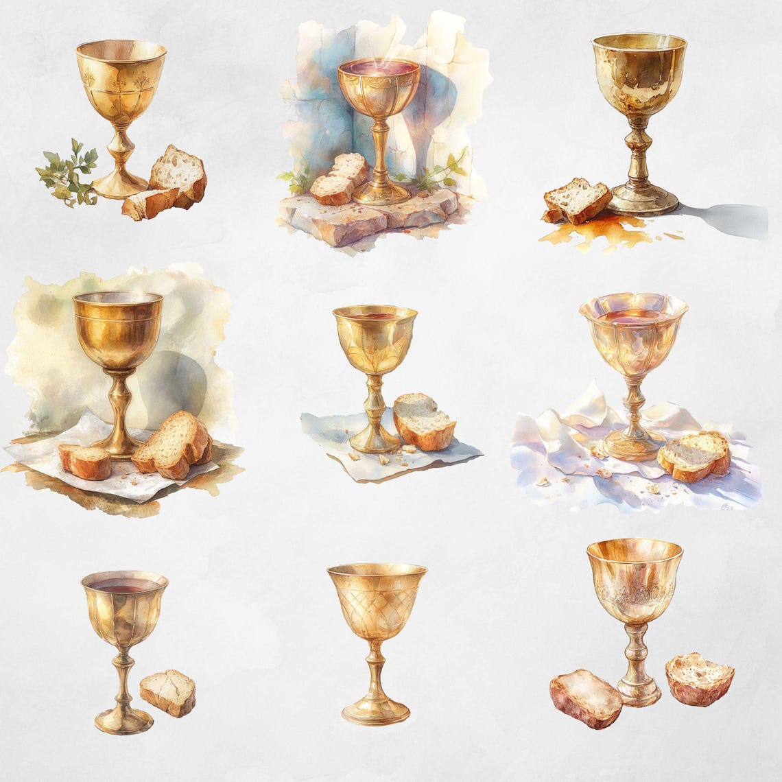 Communion Clipart Pack, 18 Watercolor Chalice and Bread Transparent ...