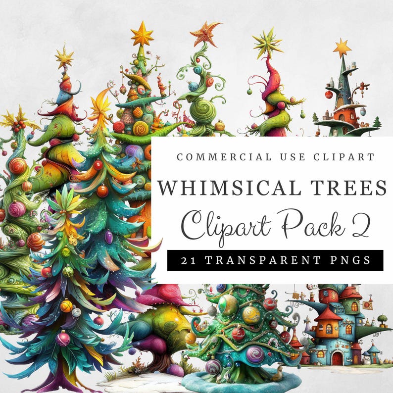 Whimsical Christmas Tree Clipart Pack #2, 21 Pngs With Transparent ...
