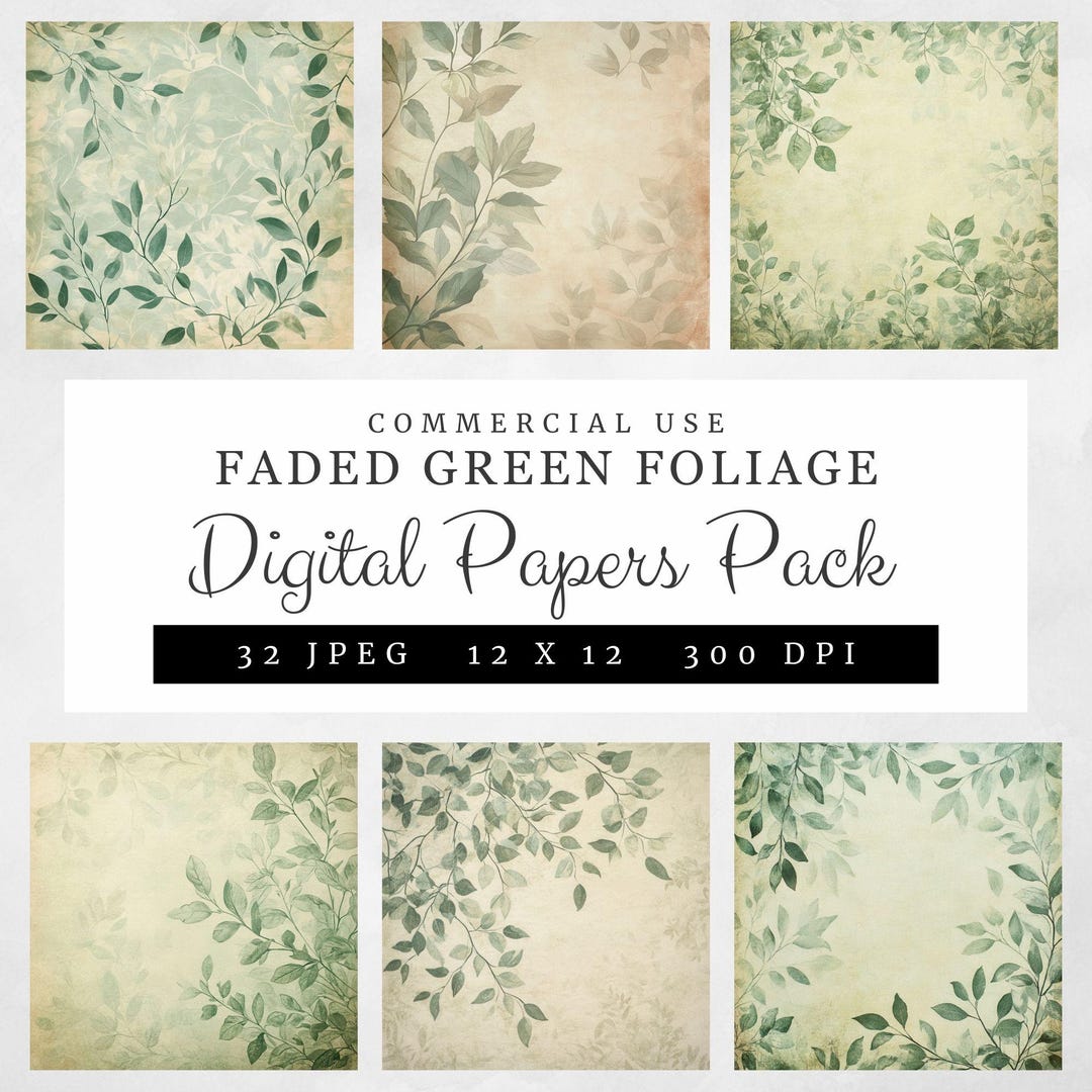 Faded Green Foliage Digital Paper Pack, 12x12 Aged Coffee-stained Pages ...