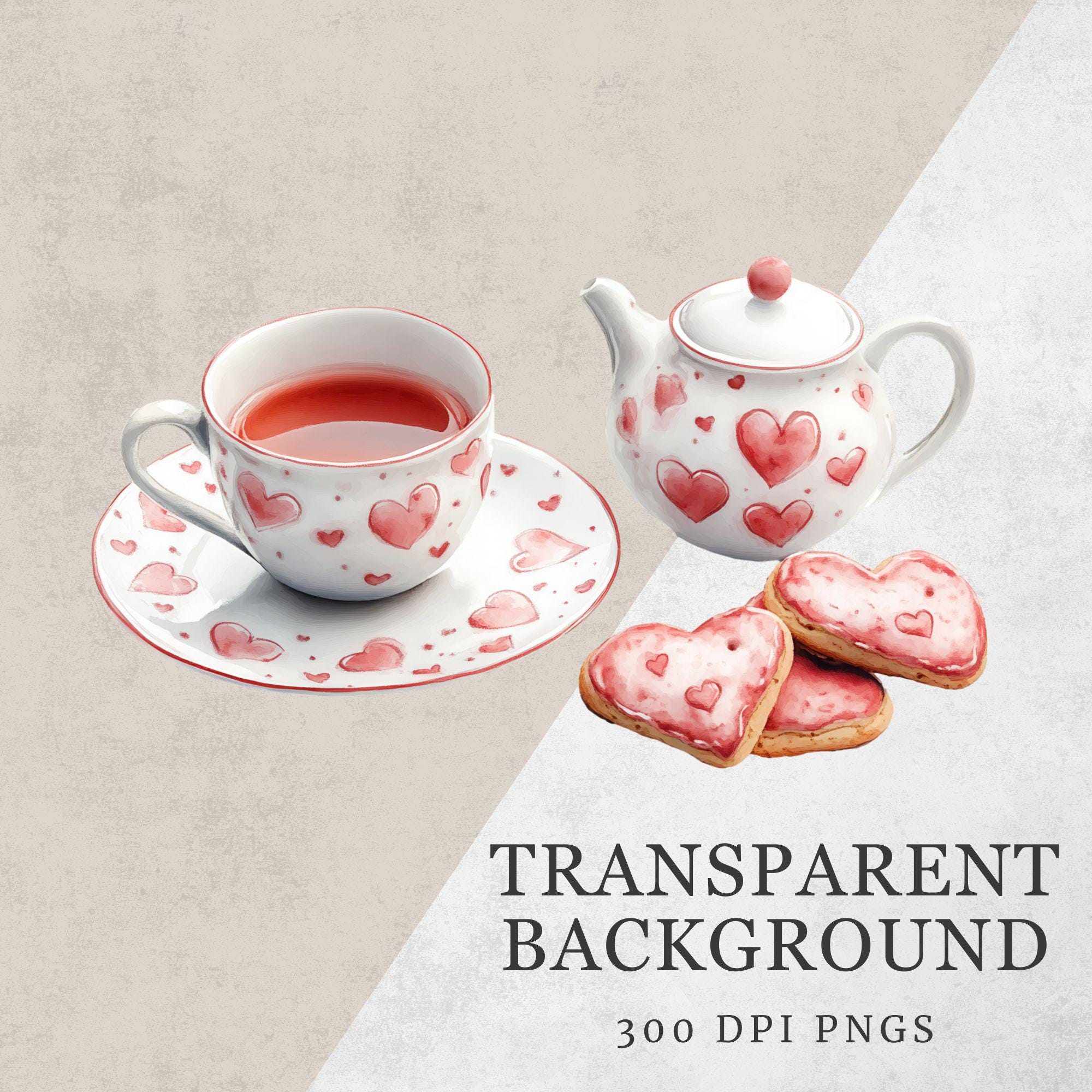 Watercolor Valentine's Day Tea, Teapot, Cookies & Hearts Clipart, 18 ...