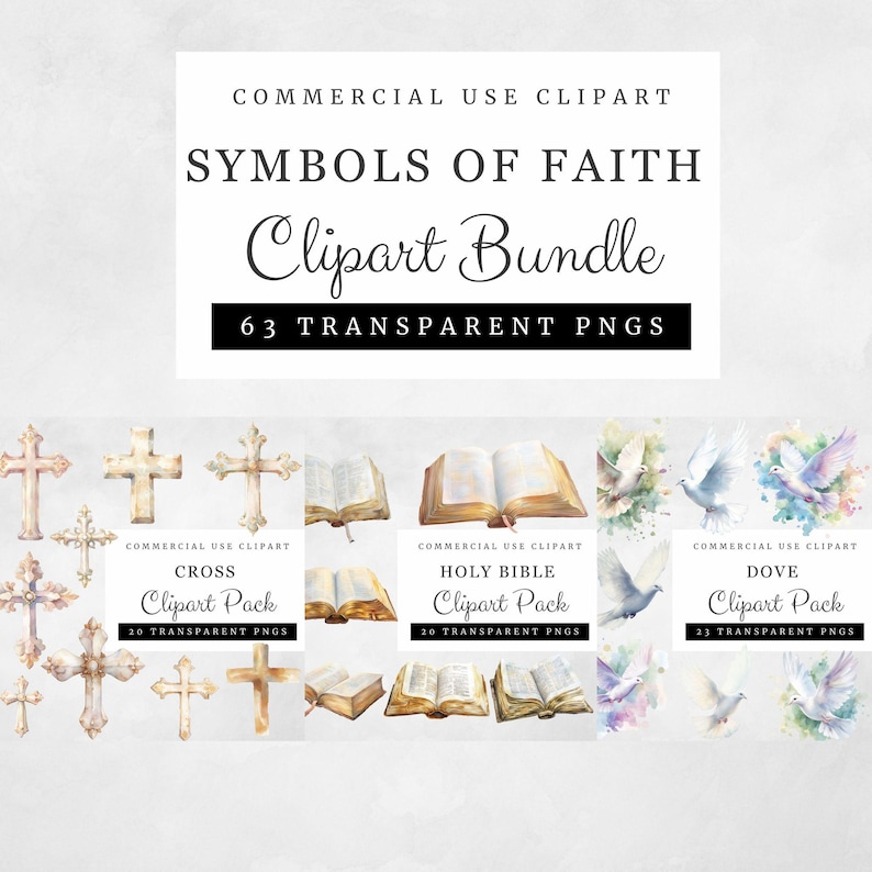 Symbols of Faith Clipart Bundle, 63 Watercolor Christian Pngs, Crosses ...