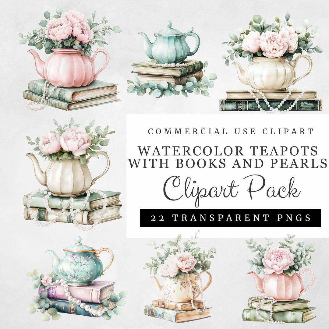 Watercolor Teapot & Books Clipart Pack, 22 Pngs With Peonies, Baby’s ...