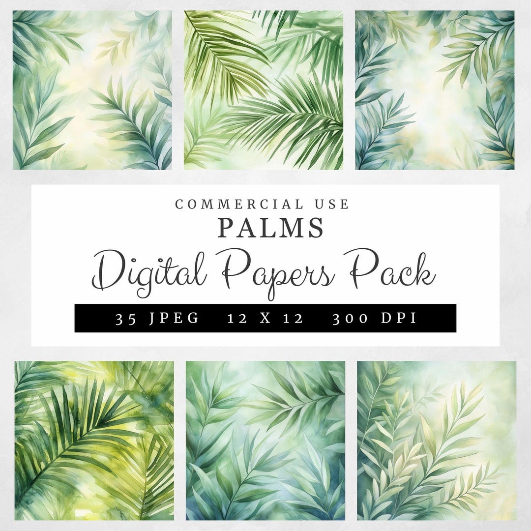 Palms Digital Paper Pack, 35 Watercolor Palm Leaf Backgrounds, 12x12 ...
